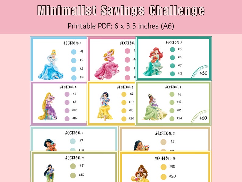 Princess Savings Challenge Bundle: A6 Cash Envelope Inserts (PDF) - Etsy