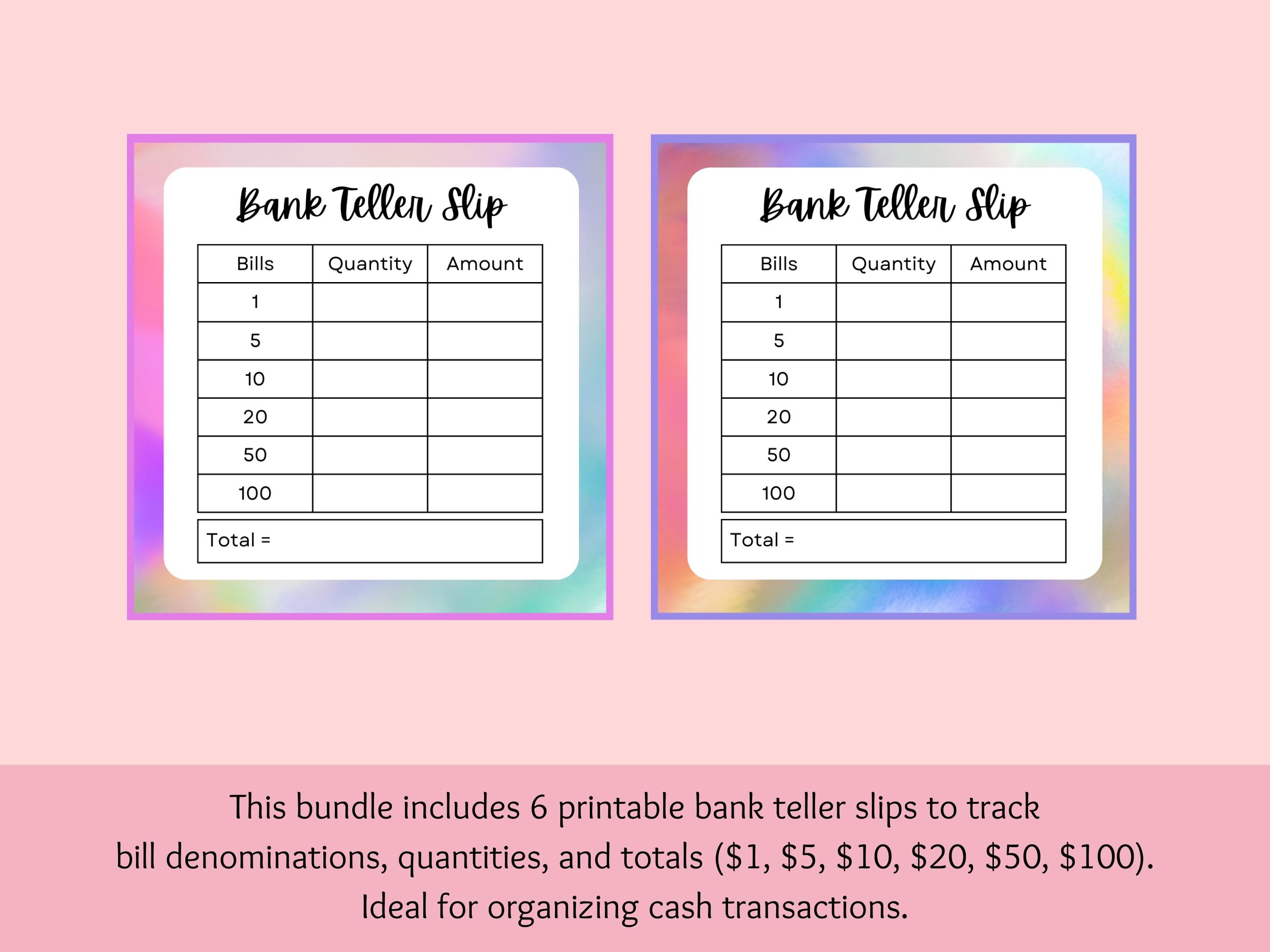 Printable Cash Breakdown Slip Printable Bank Teller Slip Cash ...