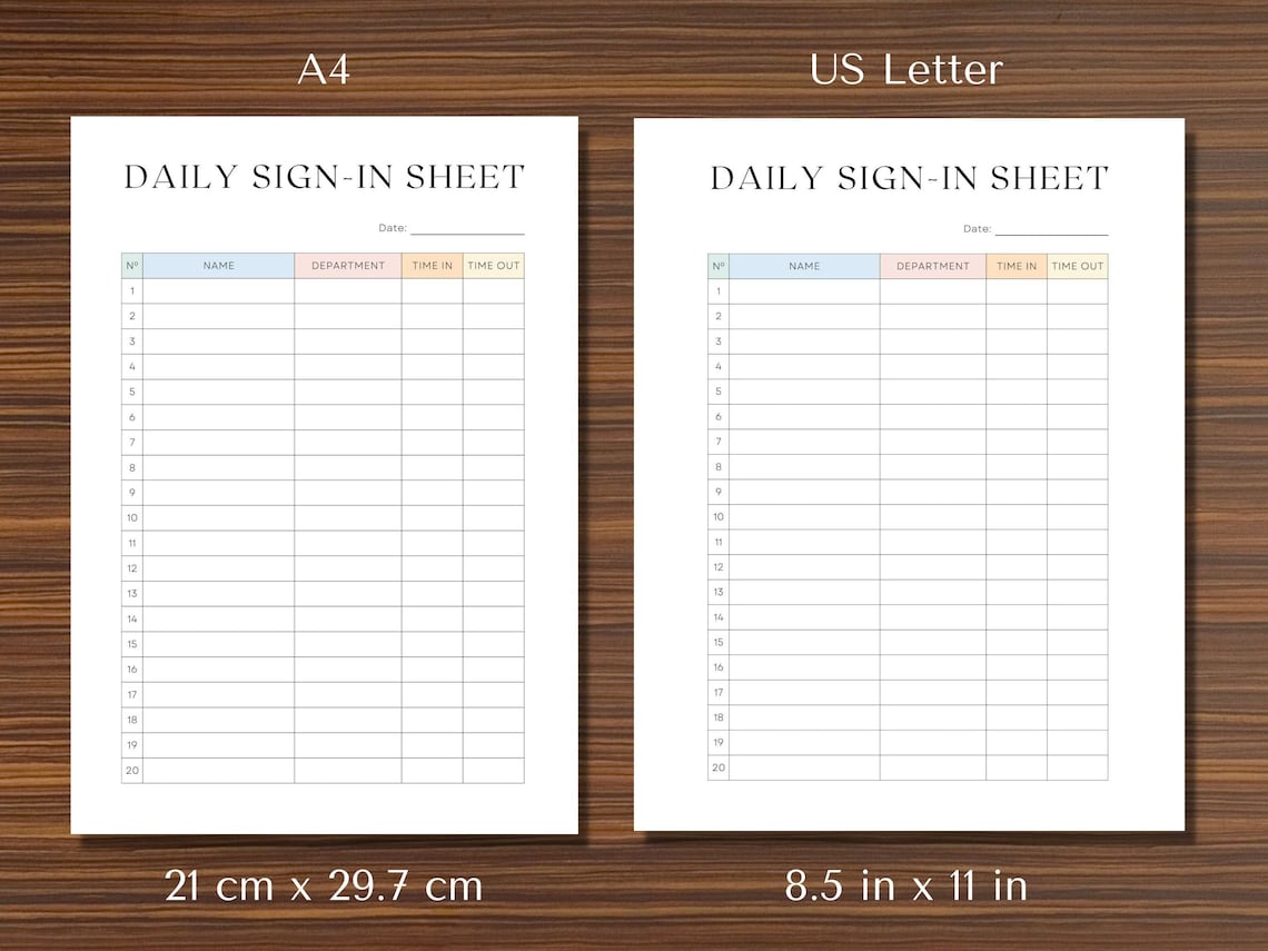 Daily Sign-in Sheet Printable Employee Timesheet Log Book Time ...