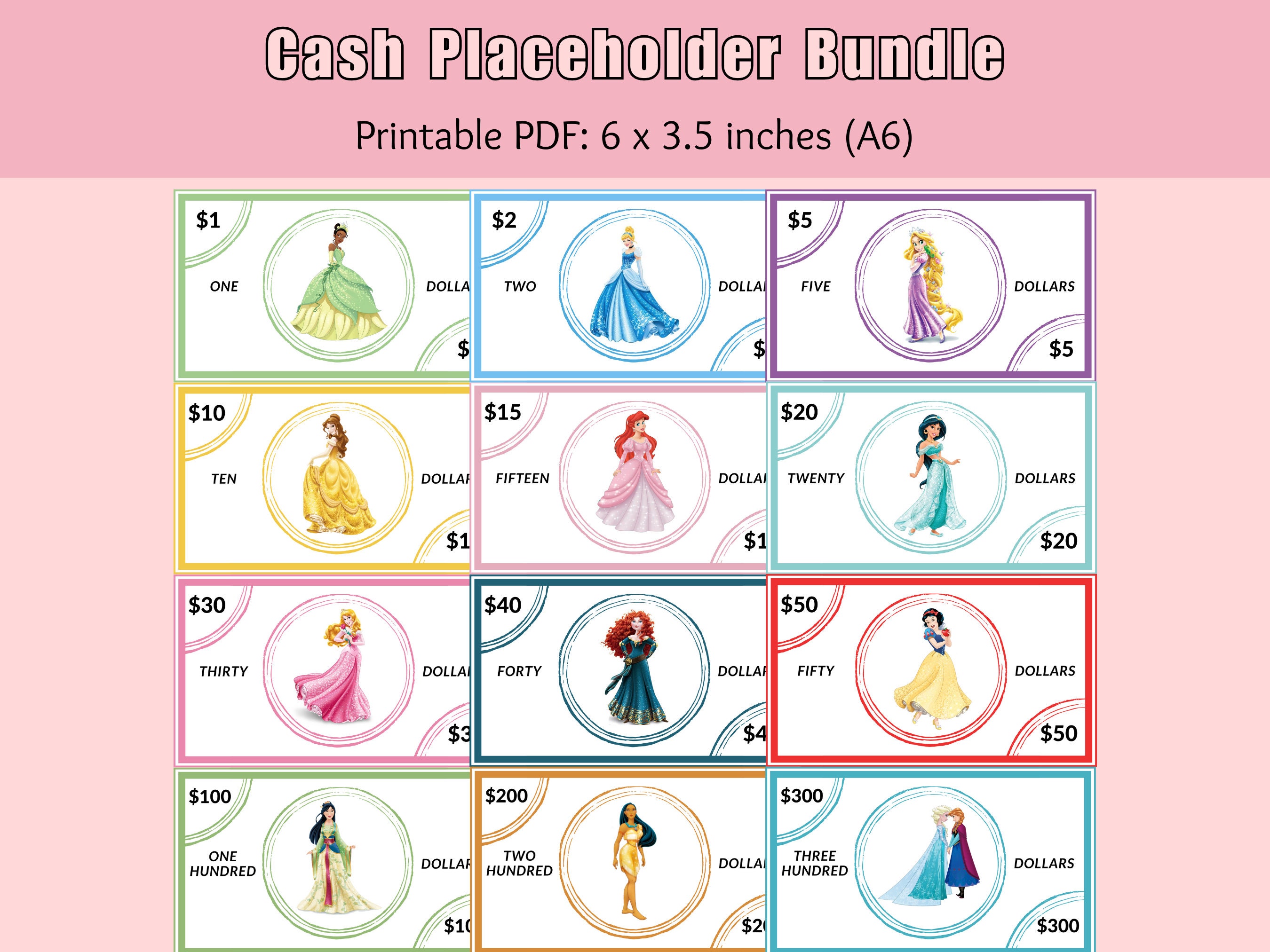 Printable Princess Cash Placeholders Cash Envelope Placeholder Sinking ...
