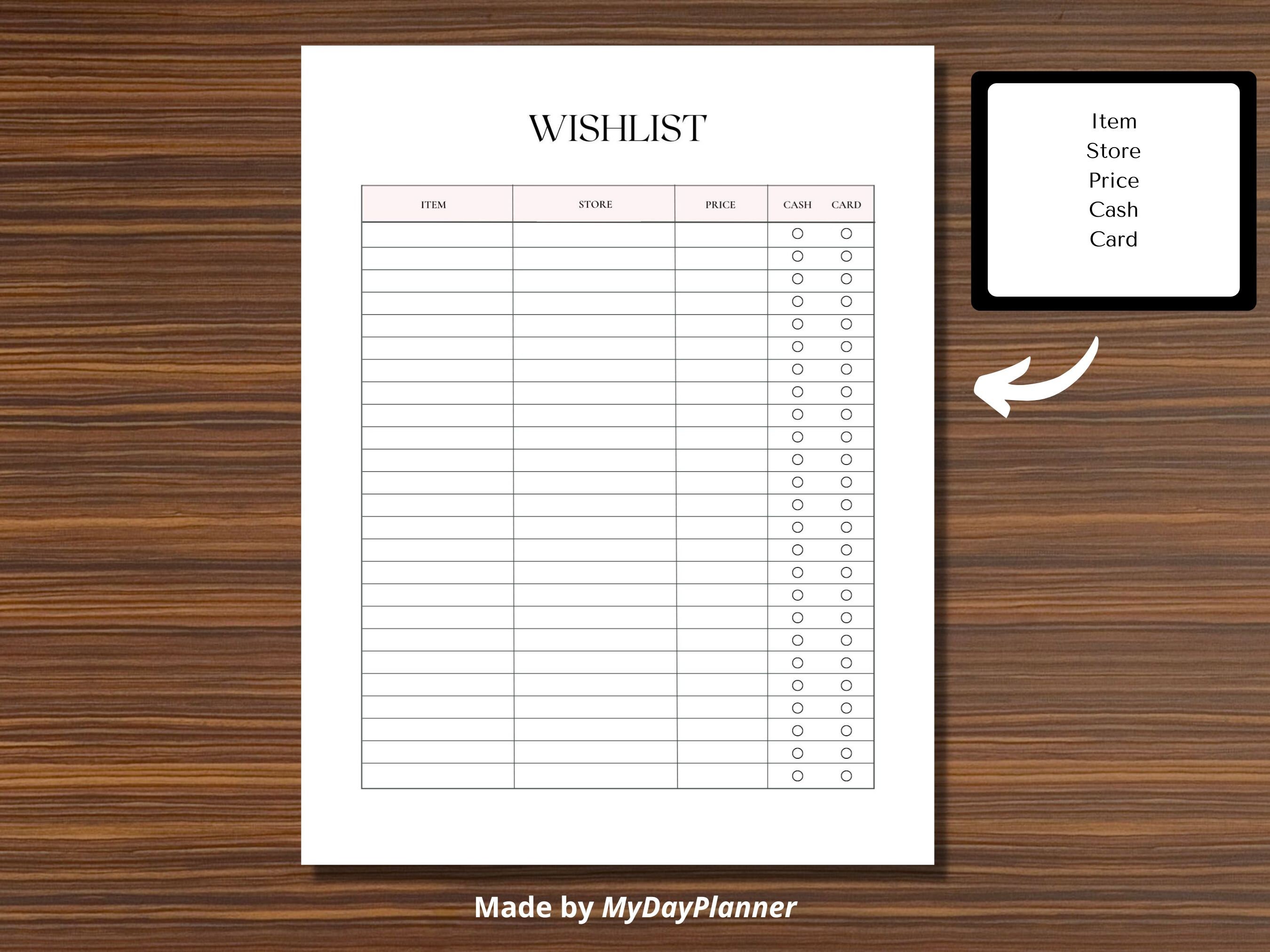 Printable Wishlist Shopping List Template Favourite Things List Gift ...
