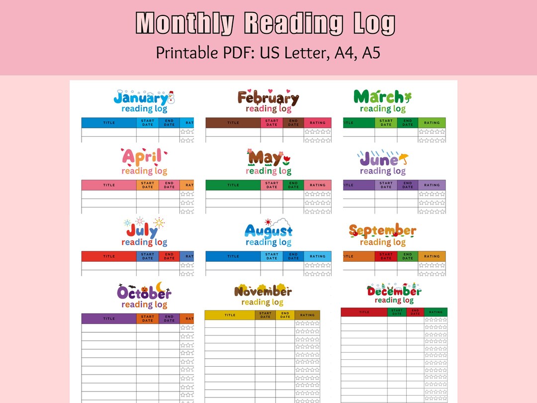 Printable Monthly Reading Log- 12 Month Reading Tracker- Reading ...