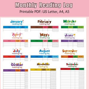 Printable Monthly Reading Log- 12 Month Reading Tracker- Reading ...