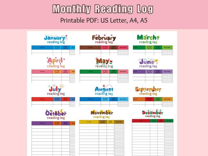 Printable Monthly Reading Log- 12 Month Reading Tracker- Reading ...