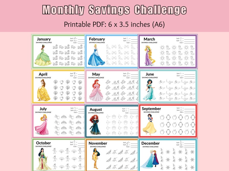 Princess Savings Challenge: 12 Month A6 Cash Envelope (PDF) - Etsy