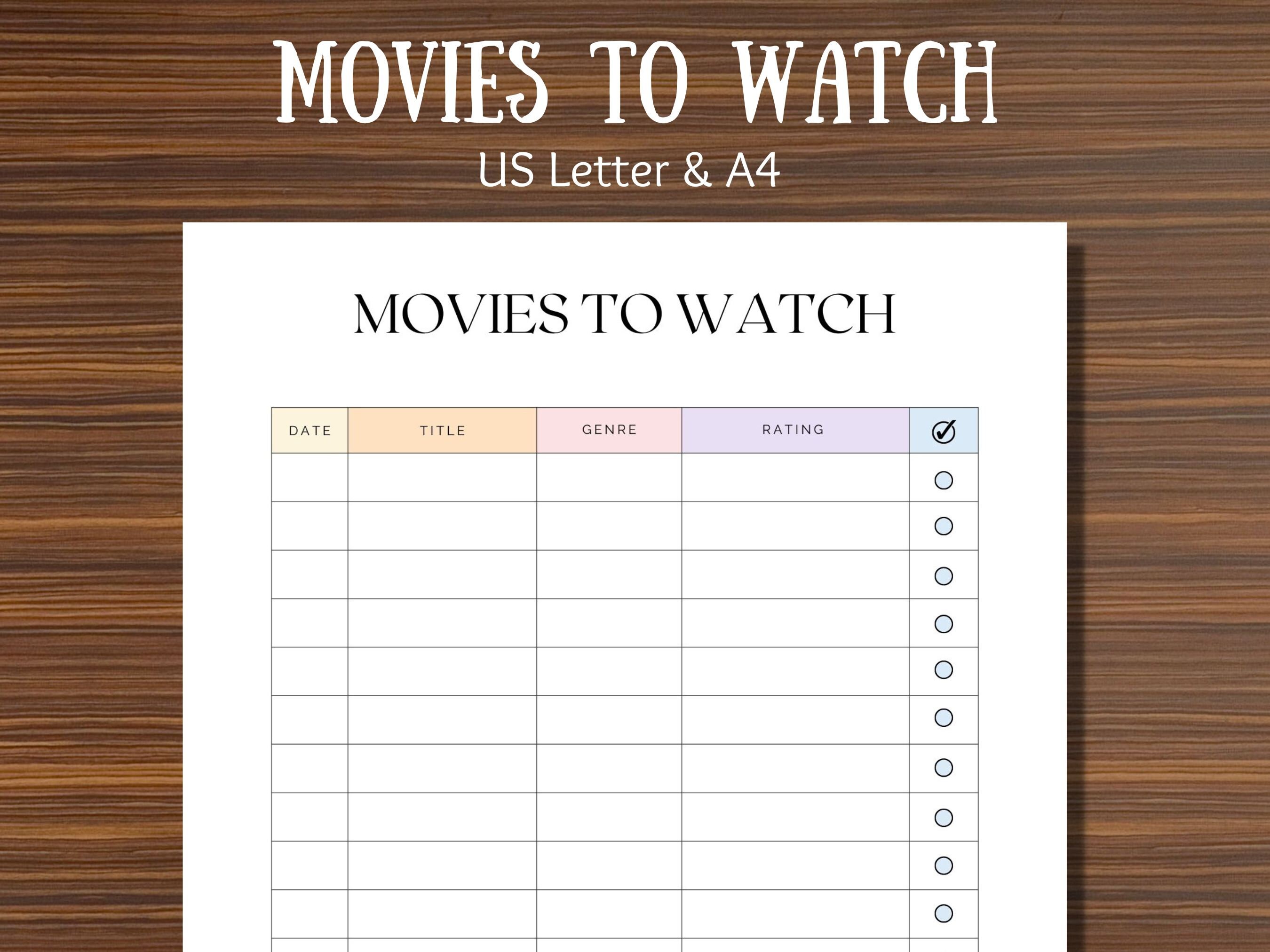 Movies to Watch List Printable Movie Night Schedule Movie - Etsy