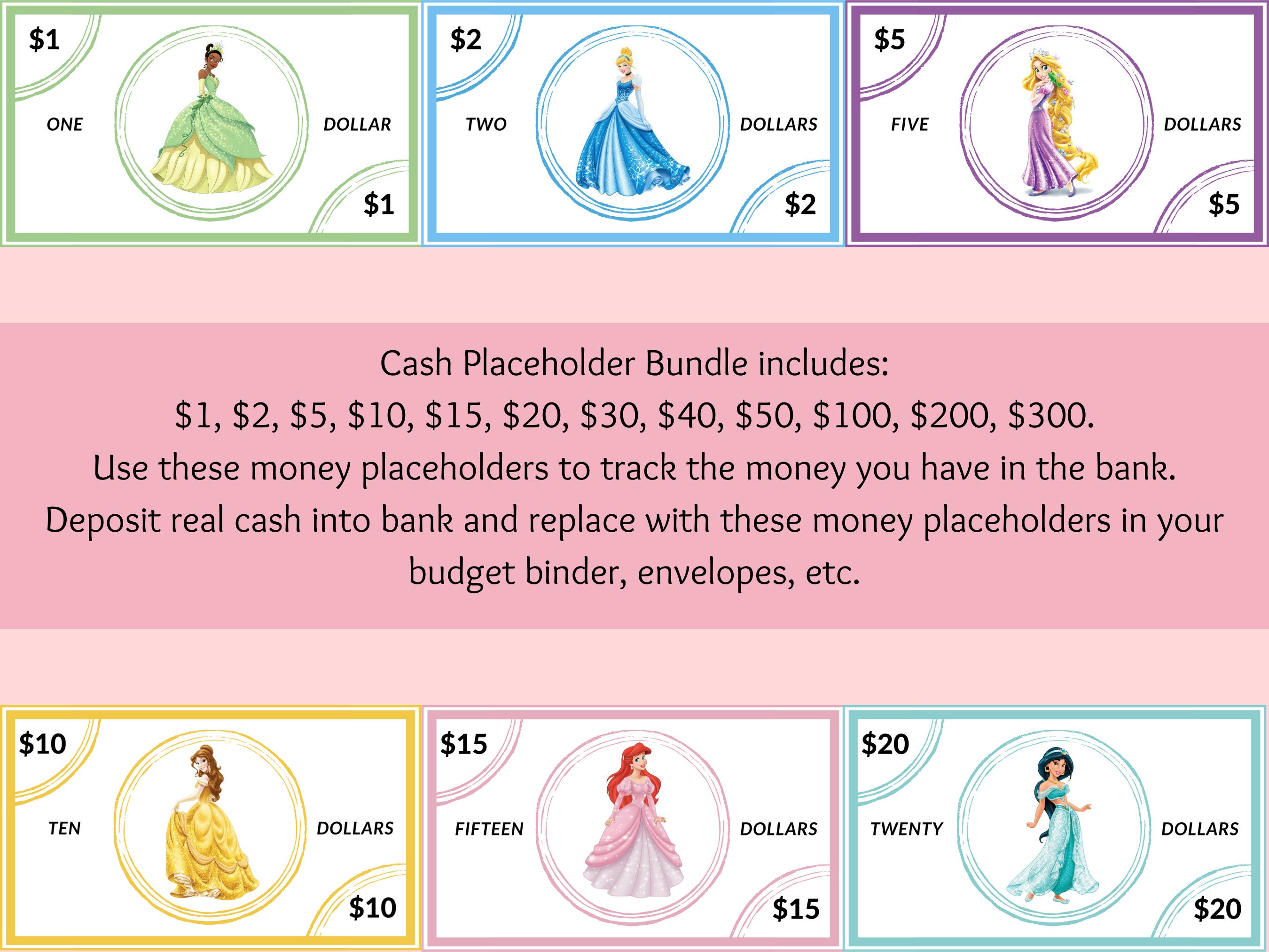 Printable Princess Cash Placeholders Cash Envelope Placeholder Sinking ...