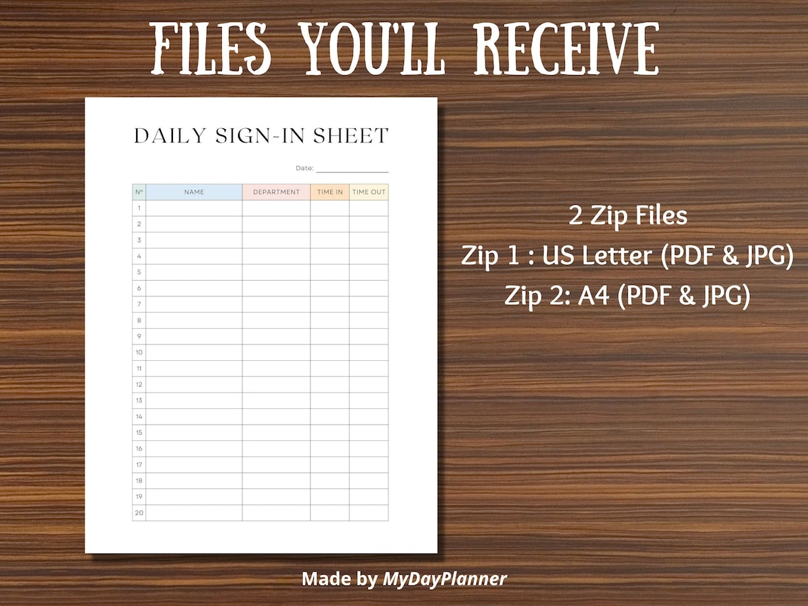 Daily Sign-in Sheet Printable Employee Timesheet Log Book Time - Etsy