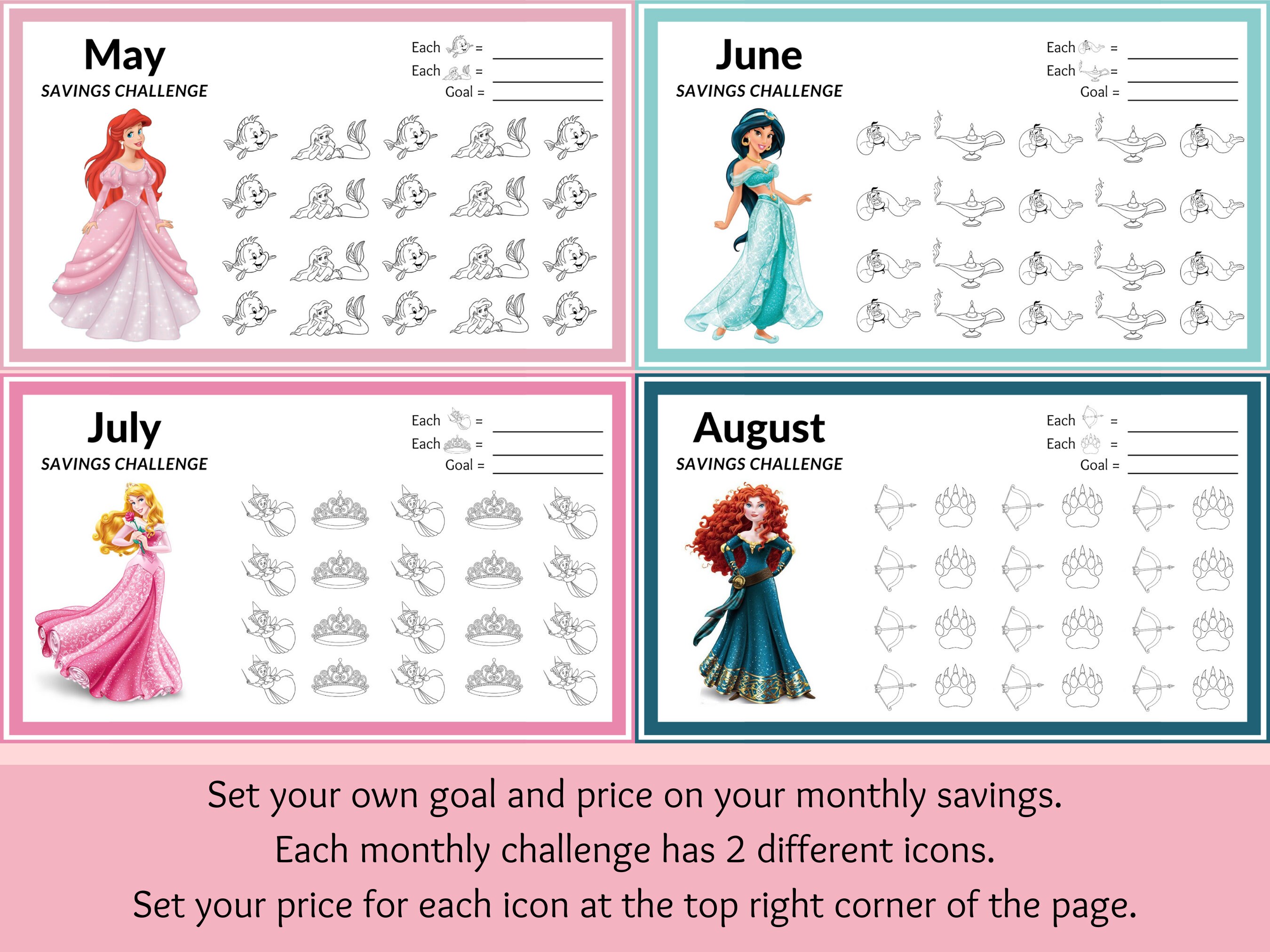 Princess Savings Challenge: 12 Month A6 Cash Envelope (PDF) - Etsy