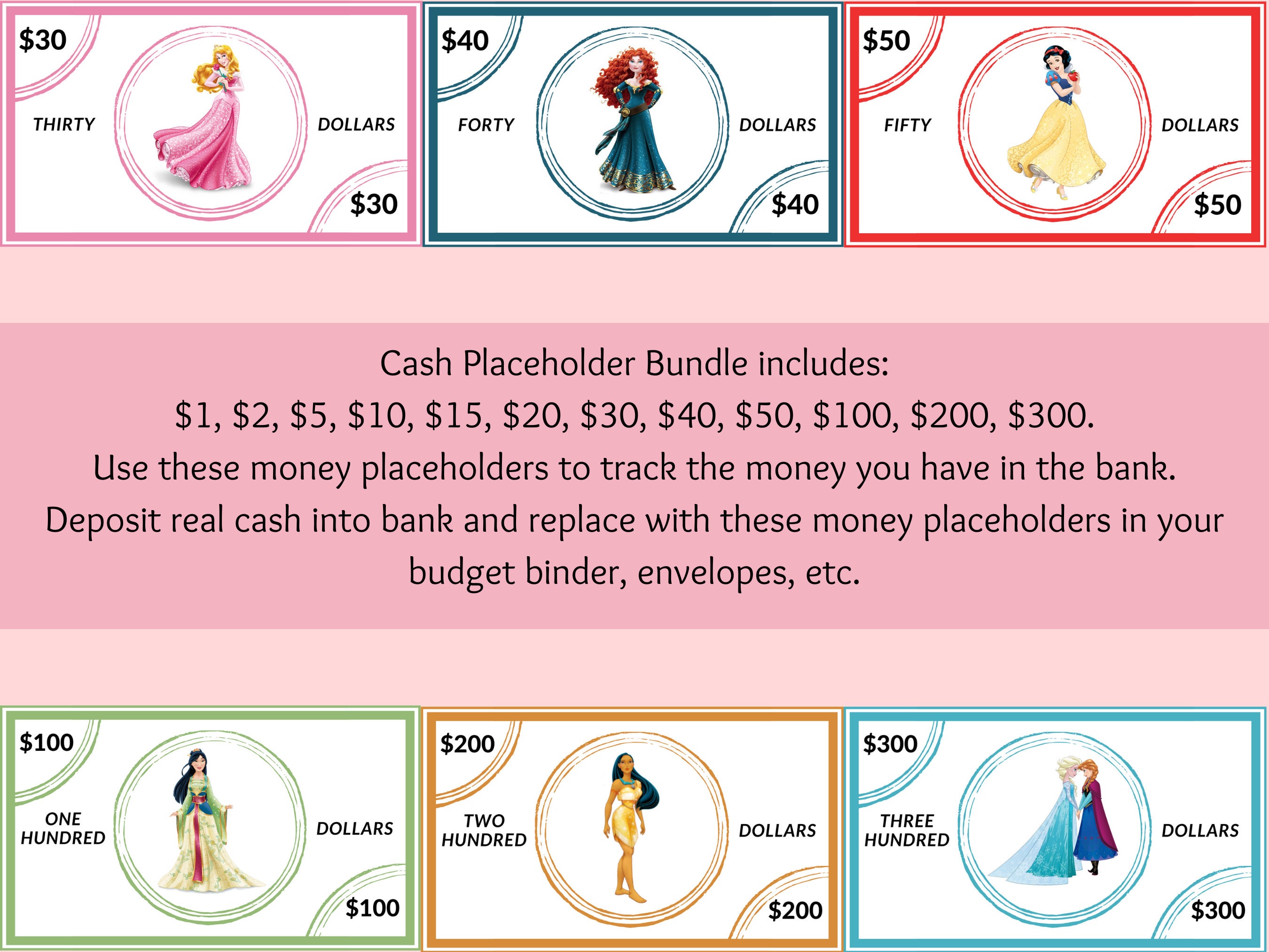 Printable Princess Cash Placeholders Cash Envelope Placeholder Sinking ...
