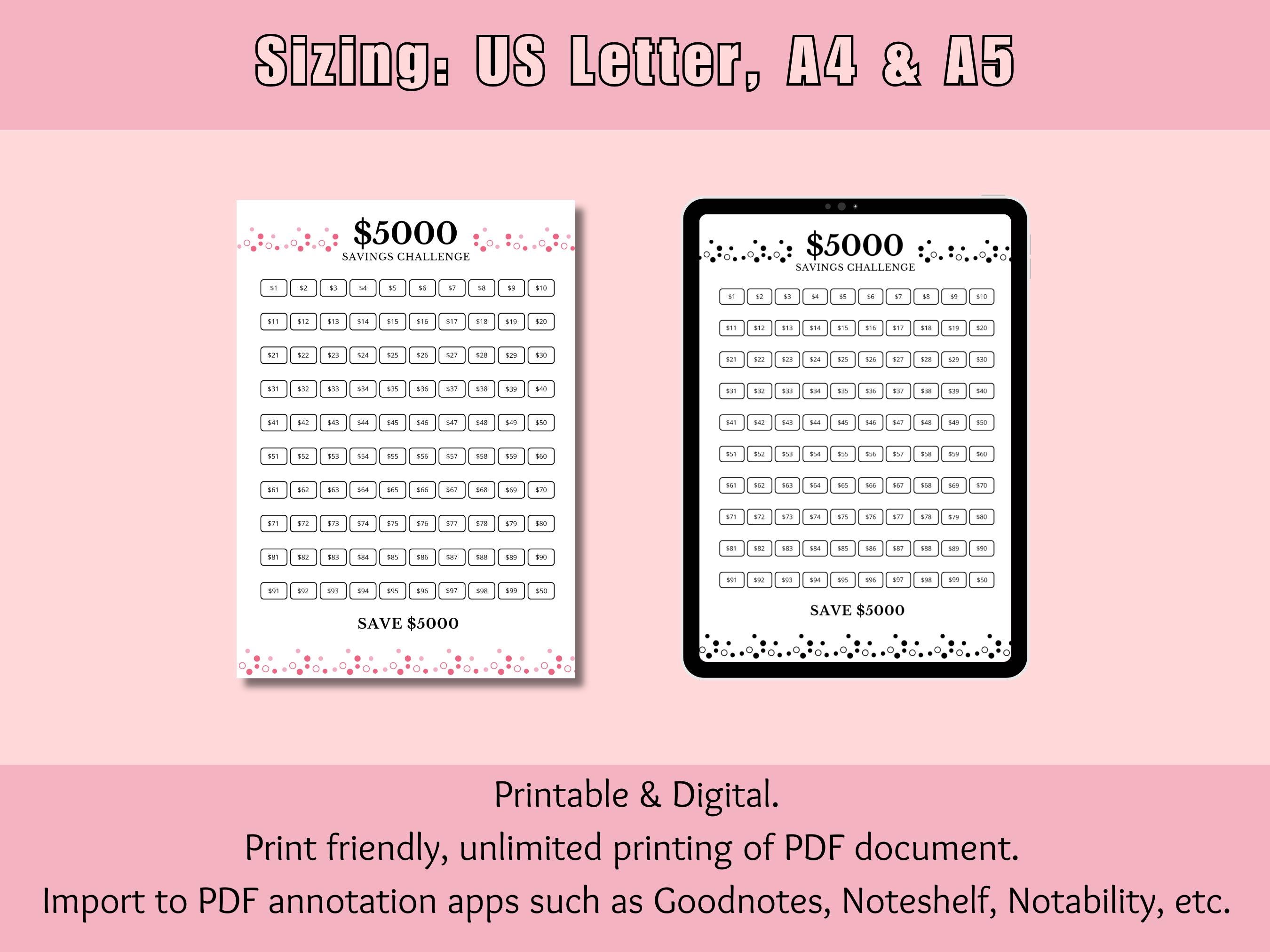 5000 Savings Challenge Printable - 5k Savings Challenge - 5000 Savings ...