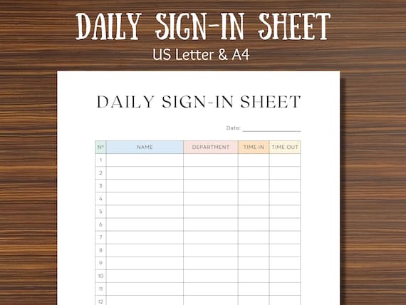 Daily Sign-in Sheet Printable Employee Timesheet Log Book Time - Etsy