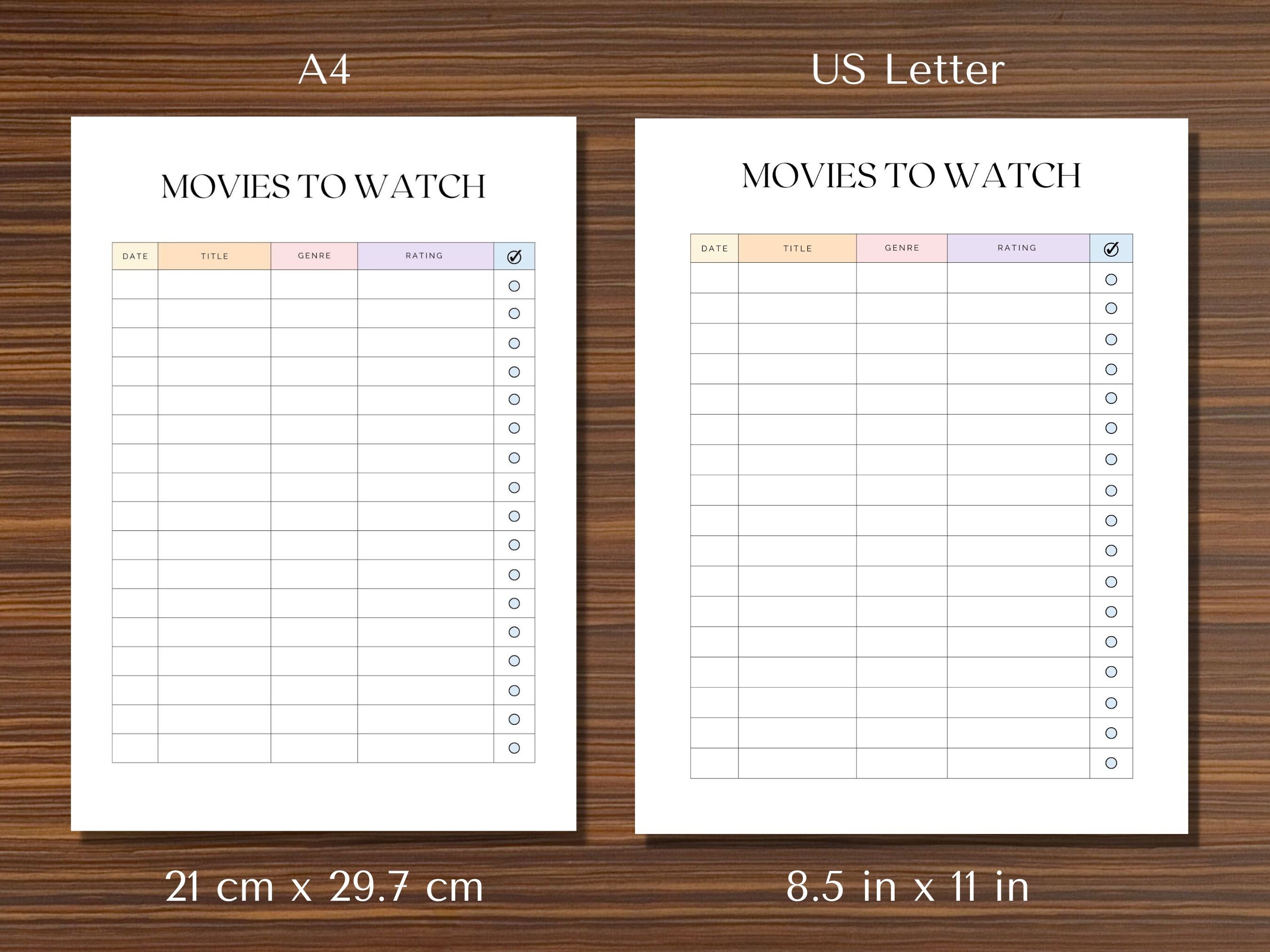 Movies to Watch List Printable Movie Night Schedule Movie - Etsy