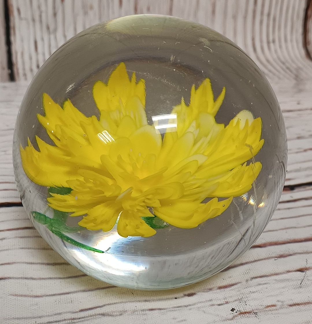 Vintage MCM Style Yellow Flower in Glass Ball Paperweight - Etsy