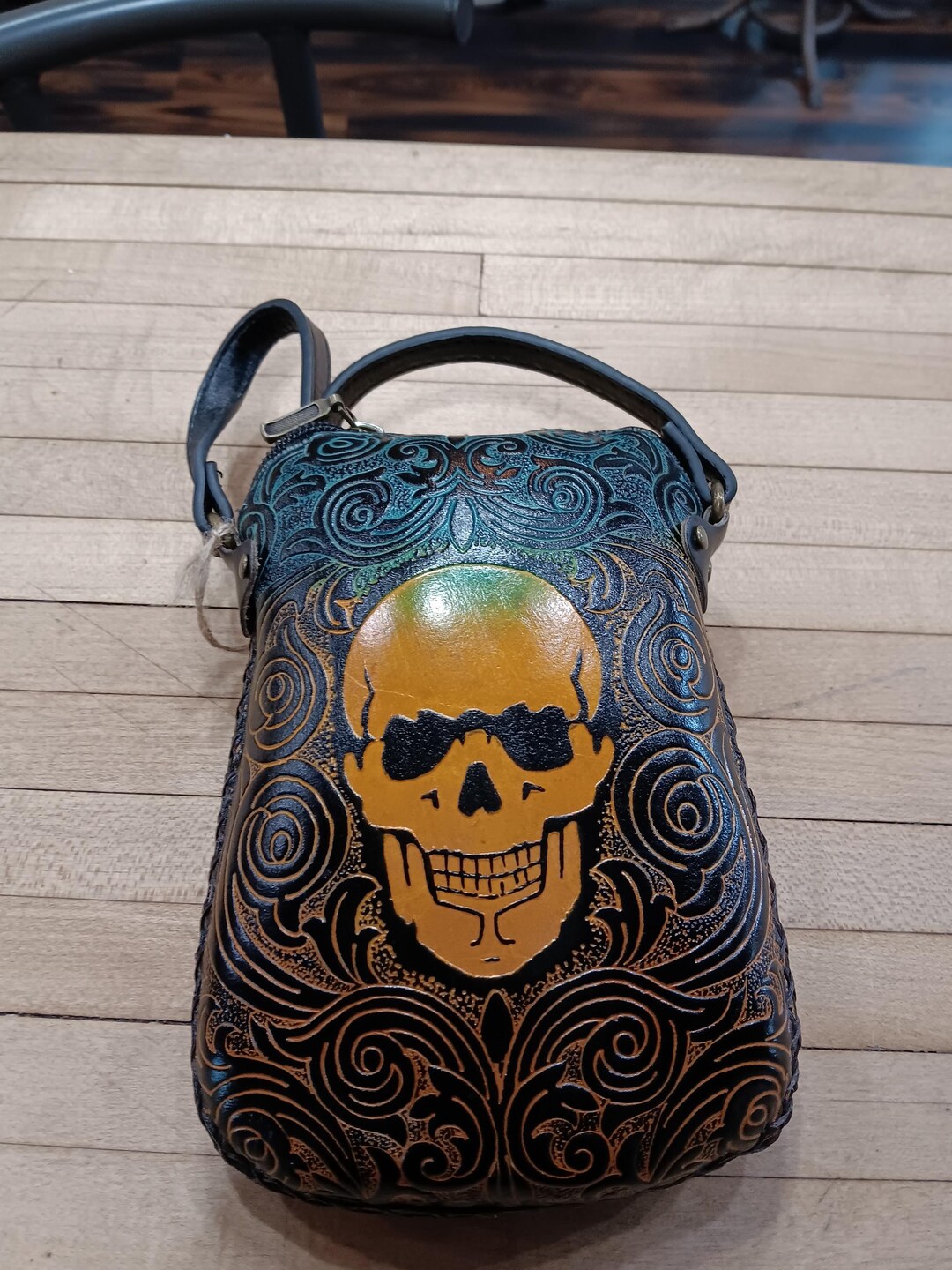 Skull Handmade Leather Crossbody Purse — Black Tooled Zip-top - Etsy