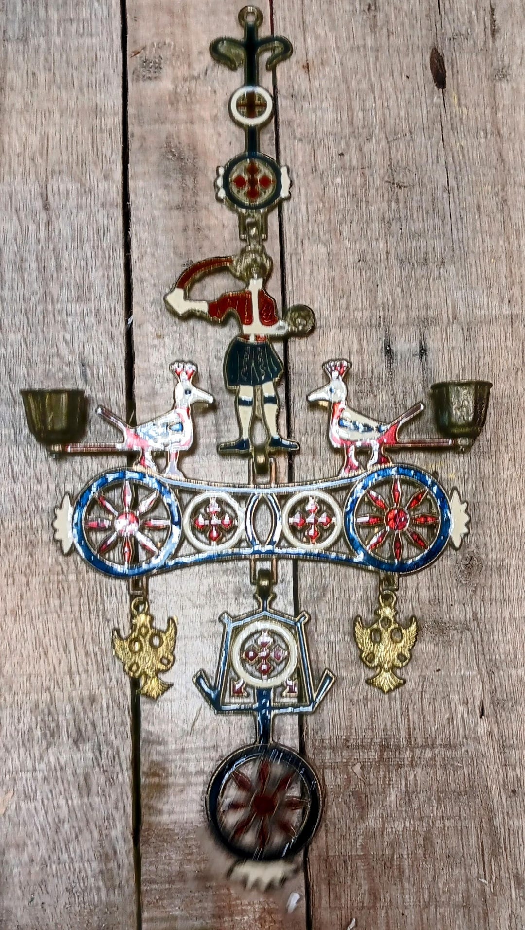 Vintage Greek Smaltotex Brass and Enamel Wall Hanging Candelabra Candle ...