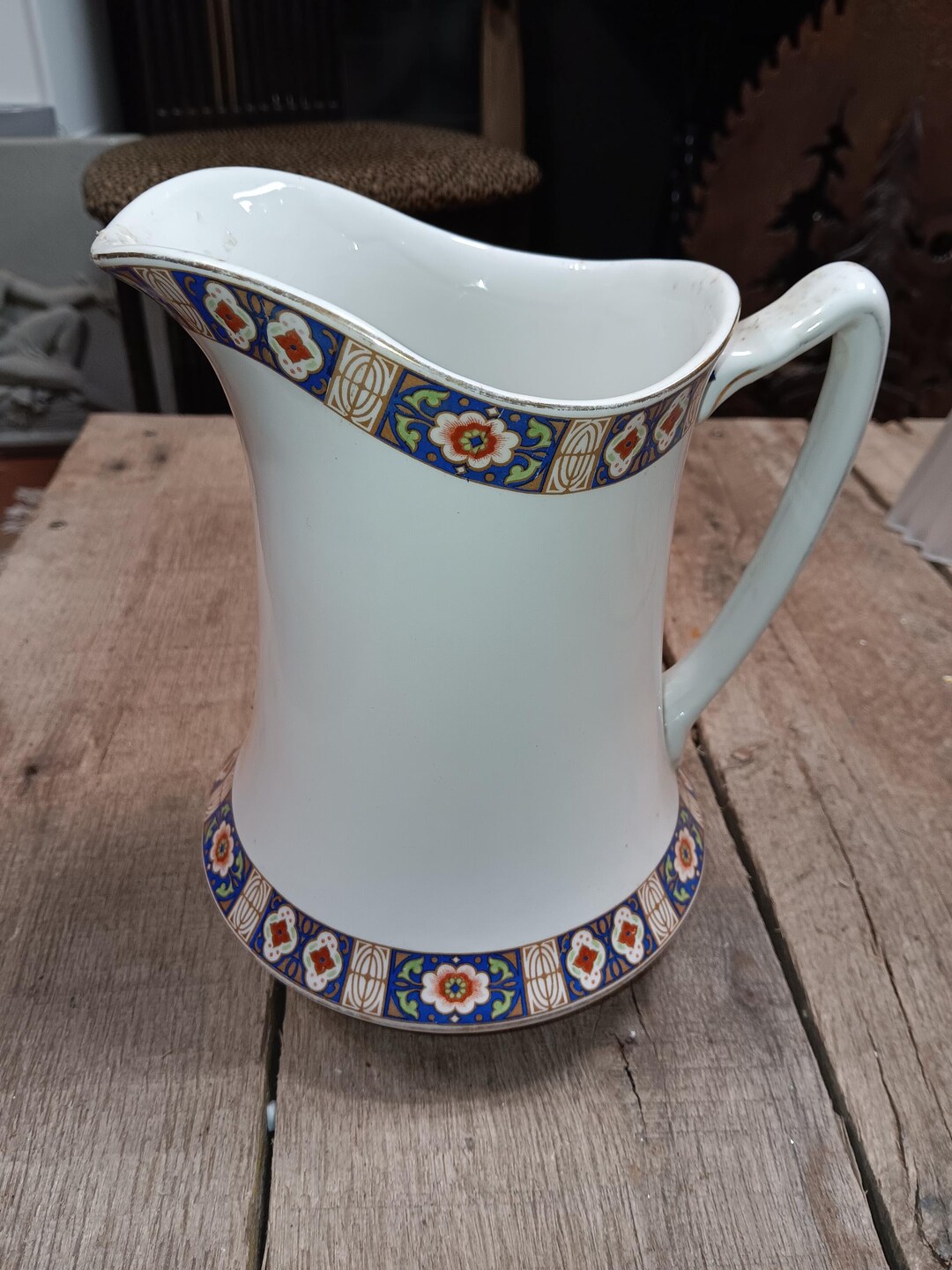 Vintage English Ceramic Water Pitcher — Floral & Geometric Border - Etsy