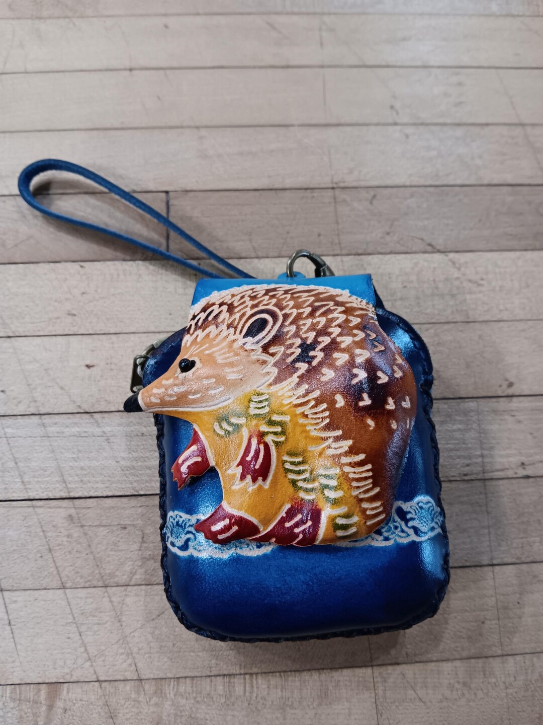 Hedgehog Handmade Leather Coin Purse Wristlet, Blue - Etsy
