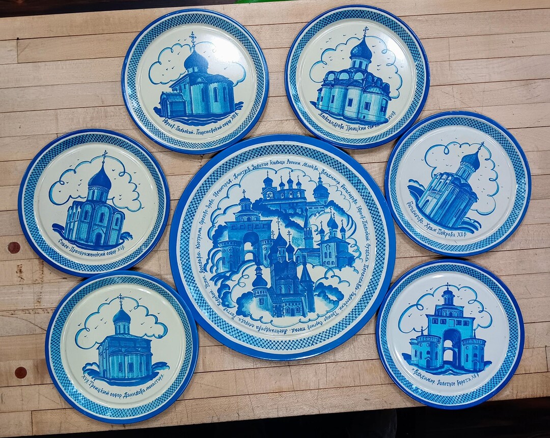 Vintage Set of Blue Russian Monuments Tin Plates - Etsy