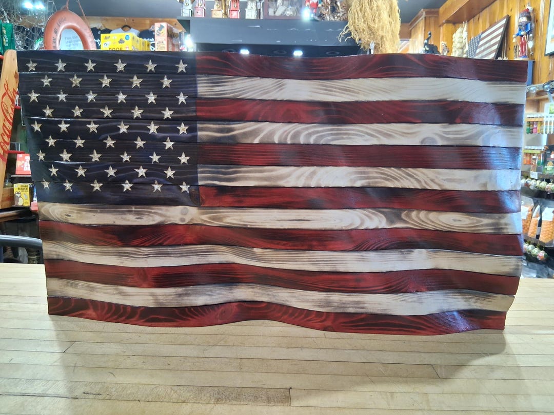 Veteran-made Carved Wooden American Flag Wall Art – Wavy Relief – 14" X ...
