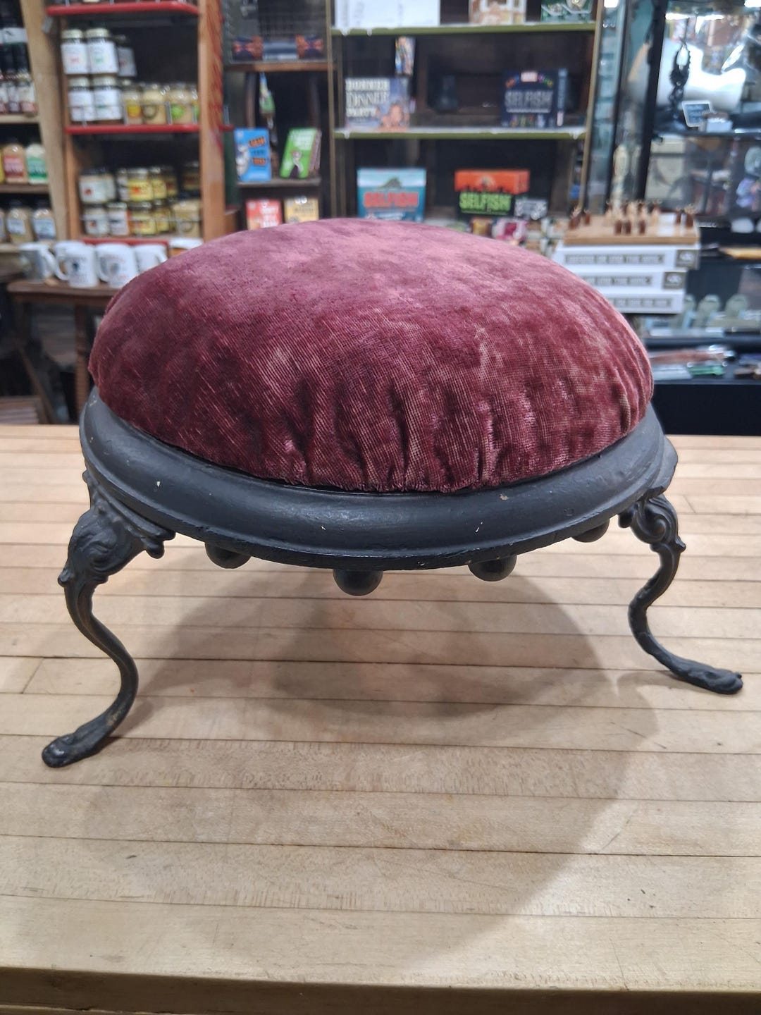 Antique Cast Iron Footstool With Burgundy Velvet Upholstery - Etsy