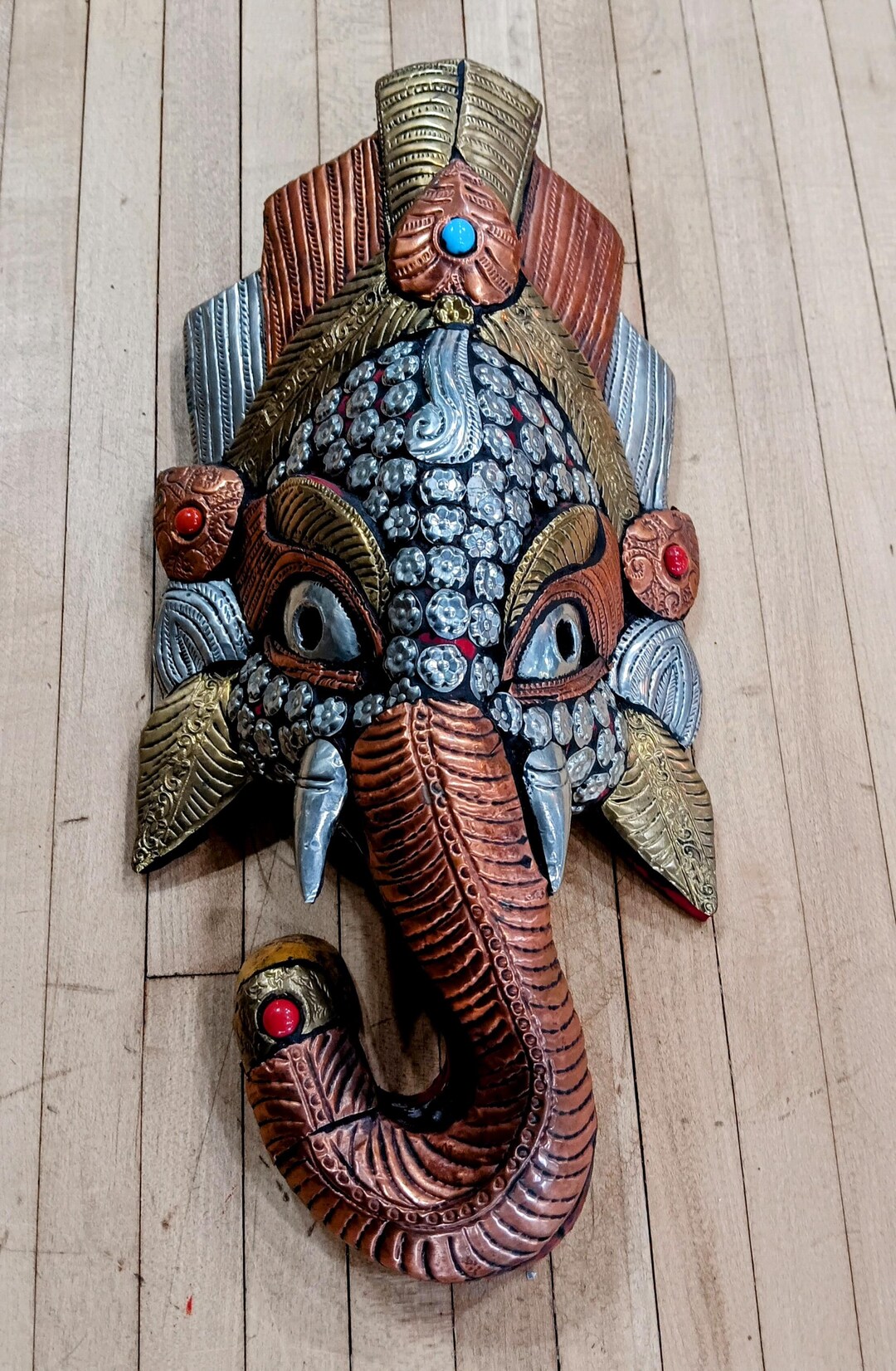 Ganesh Wall Mask 14" Copper Brass Pewter & Wood Hindu Elephant Decor - Etsy