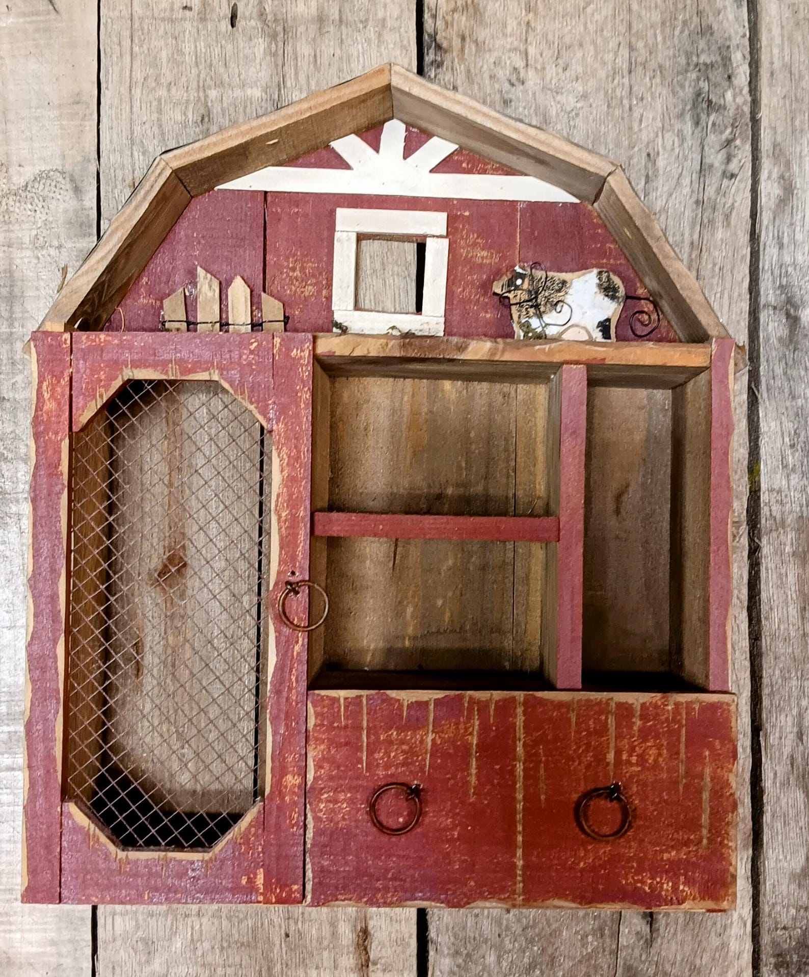 Vintage Handmade Wooden Red Barn Farm Trinket Shadow Box - Etsy