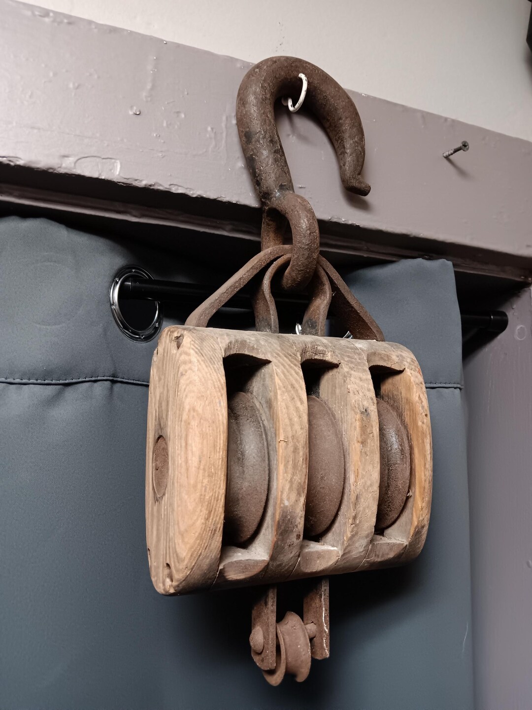 Antique Wooden Triple Pulley Block - Heavy Iron Hook, Vintage ...