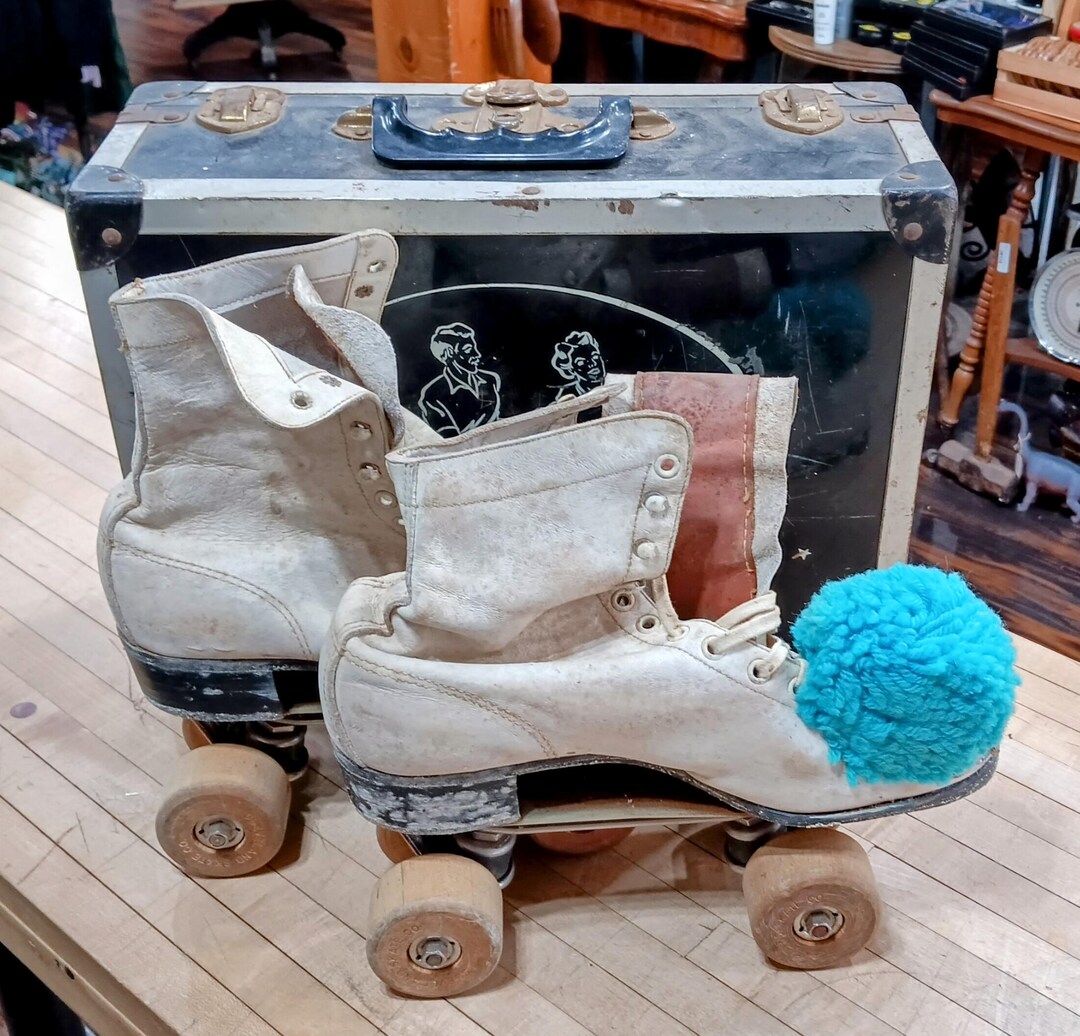 Vintage Size 9 White Leather Roller Skates With Black Hard Shell ...