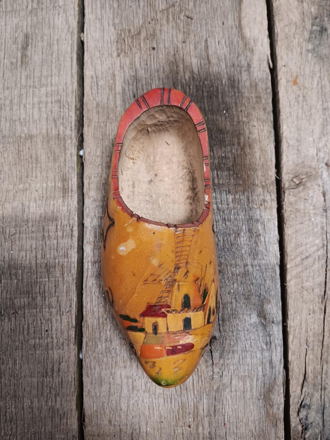 Hand-painted Wooden Clog Wall Hanging, Village Scene, Paint Wear - Etsy