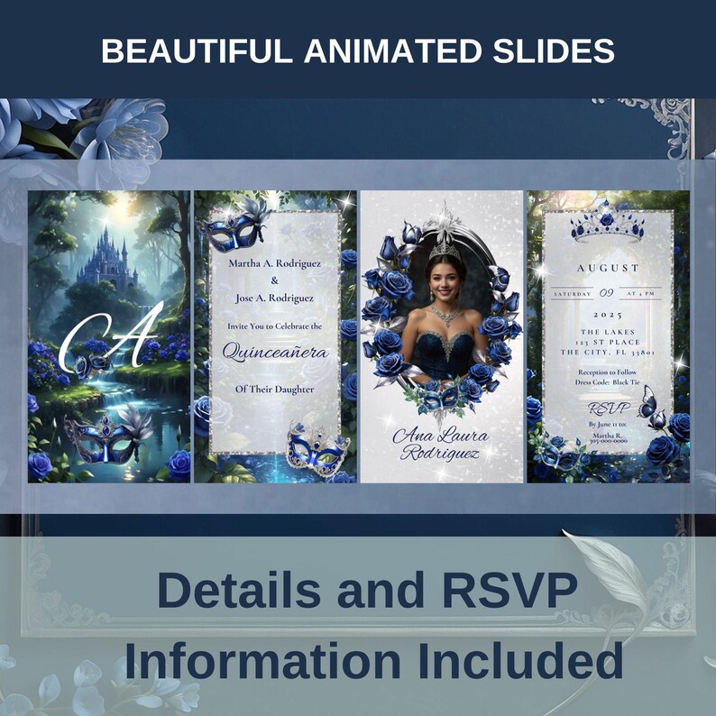 Digital Masquerade Ball Invitation Template, Editable Blue Silver ...