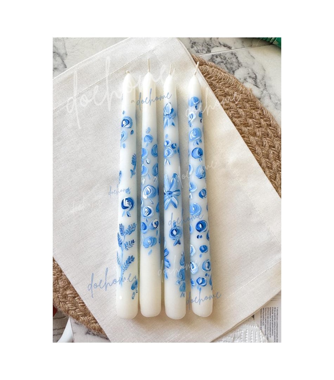 Blue Floral Taper Candles (set of 4): Hand-drawn Decorative Candles - Etsy