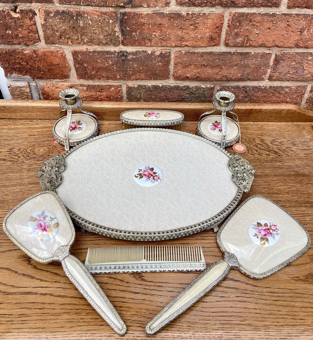 Antique Regent of London Dressing Table Set / Petitpoint Lace 7 Piece ...