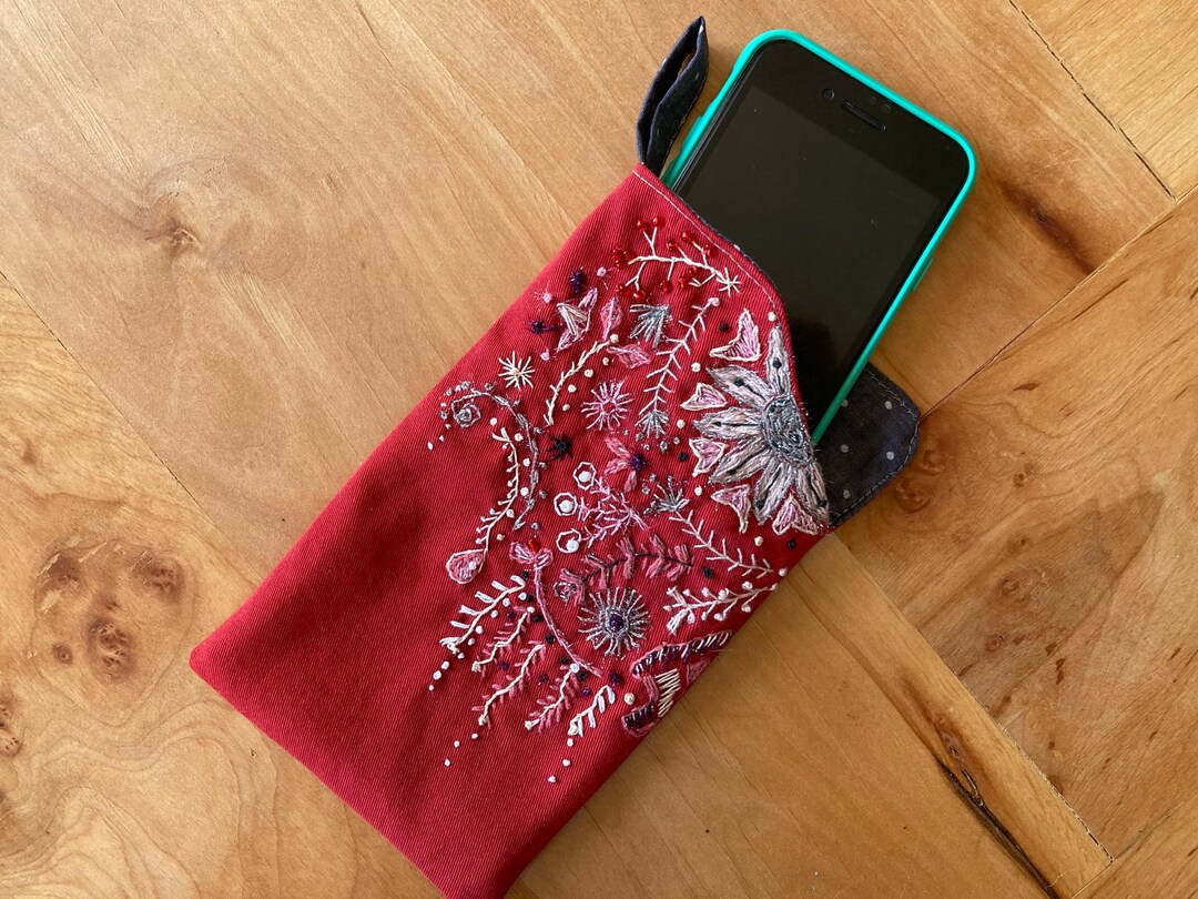 Handmade Red Embroidered Glasses Case: Boho Floral Phone Pouch - Etsy