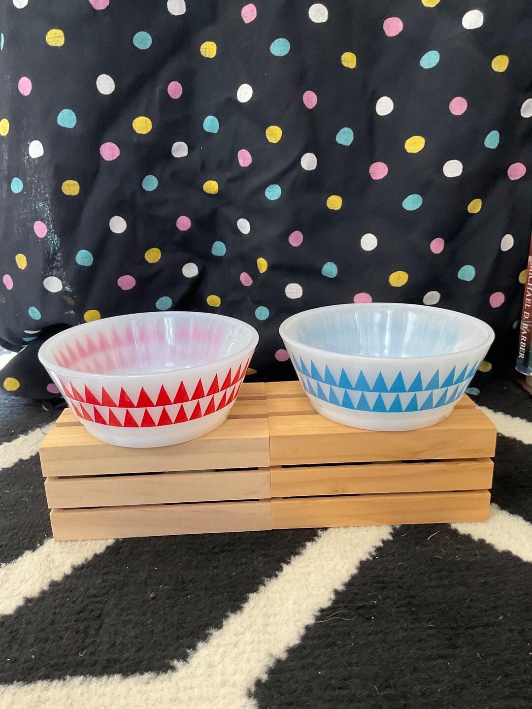 Fire King Triangle Pattern Bowl Set Red and Blue - Etsy