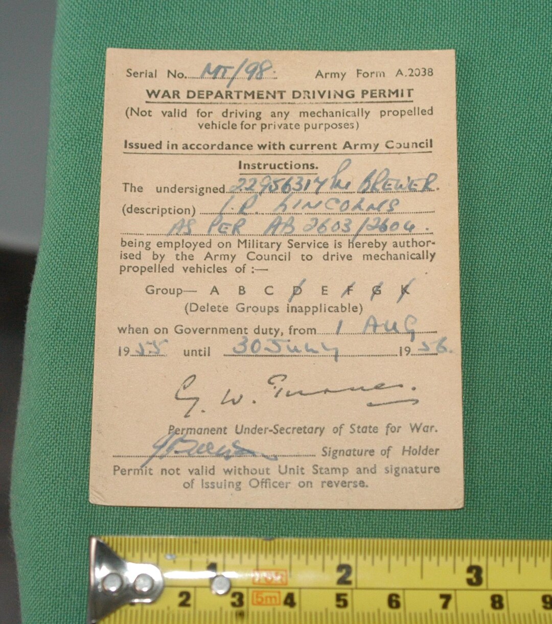 Army Form A.2038 War Department Driving Permit Named Brewer 1956 MTO ...