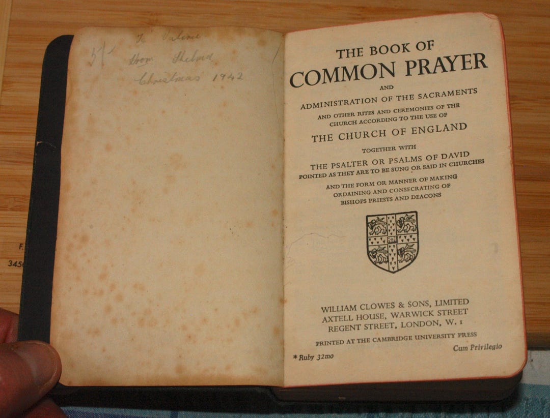 WW2 Home Front the Book of Common Prayer Inscription Tovalerie From ...