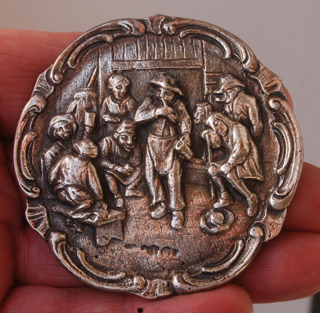 Antique Dutch Silver Coloured Large Brooch Tavern Scene Embossed Border ...