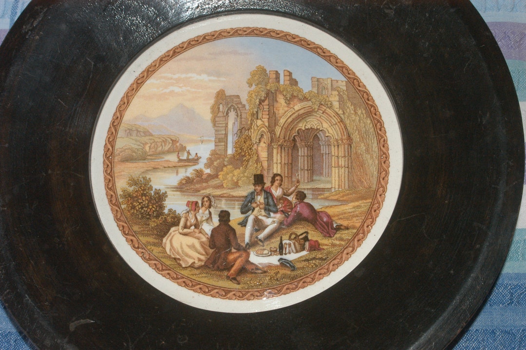 Antique Prattware Plaque the Picnic in Black Round Wall Hanging Frame 5 ...