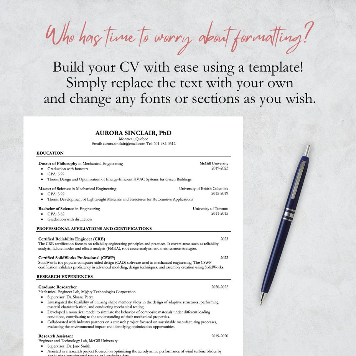 Academic CV Template | Curriculum Vitae for Professionals | Includes ...
