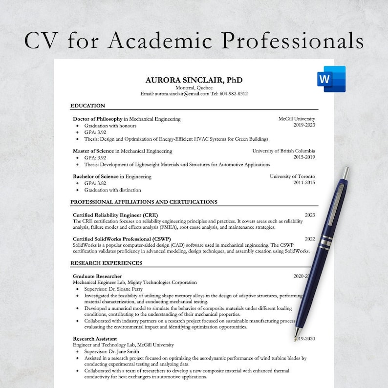 Academic CV Template | Curriculum Vitae for Professionals | Includes ...