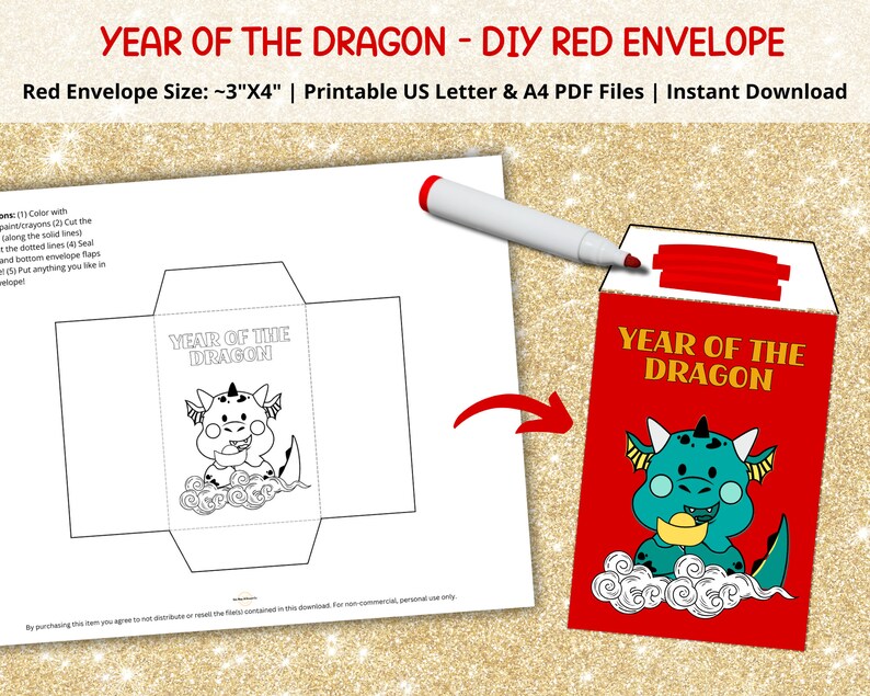 2024 Printable Lunar New Year DIY Red Envelope Year of the Dragon ...