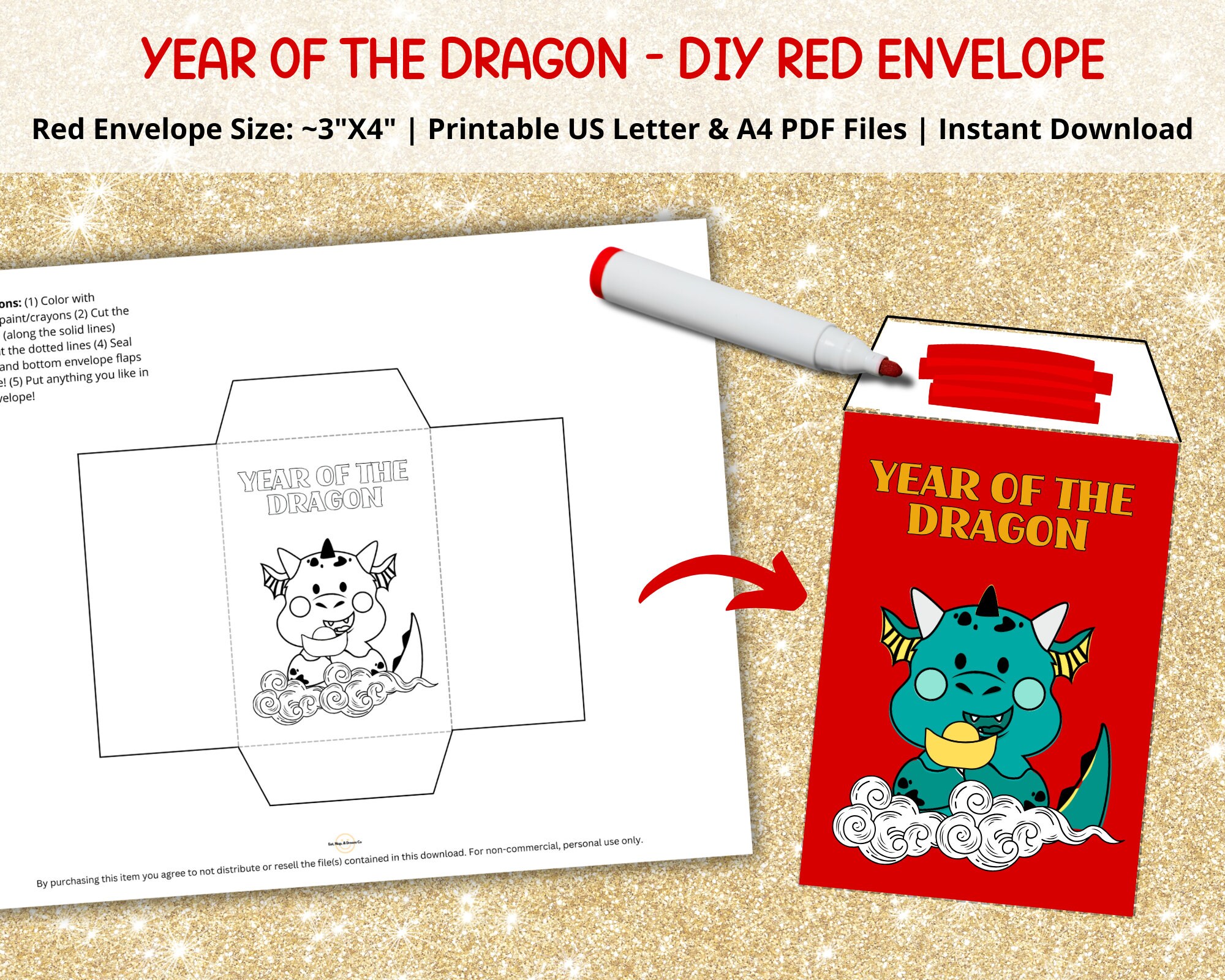 2024 Printable Lunar New Year DIY Red Envelope Year of the Dragon ...