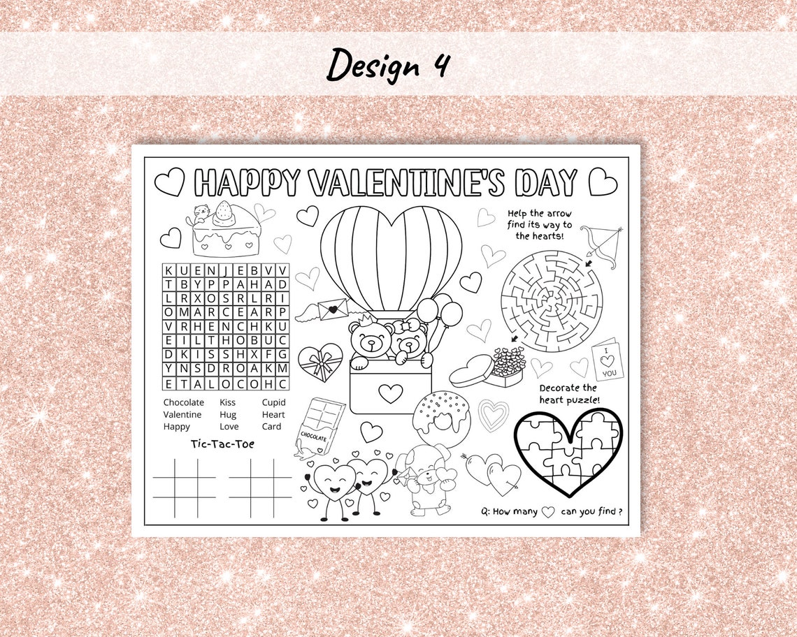 Kids Valentine Coloring Placemat Bundle Printable Valentine's Day ...