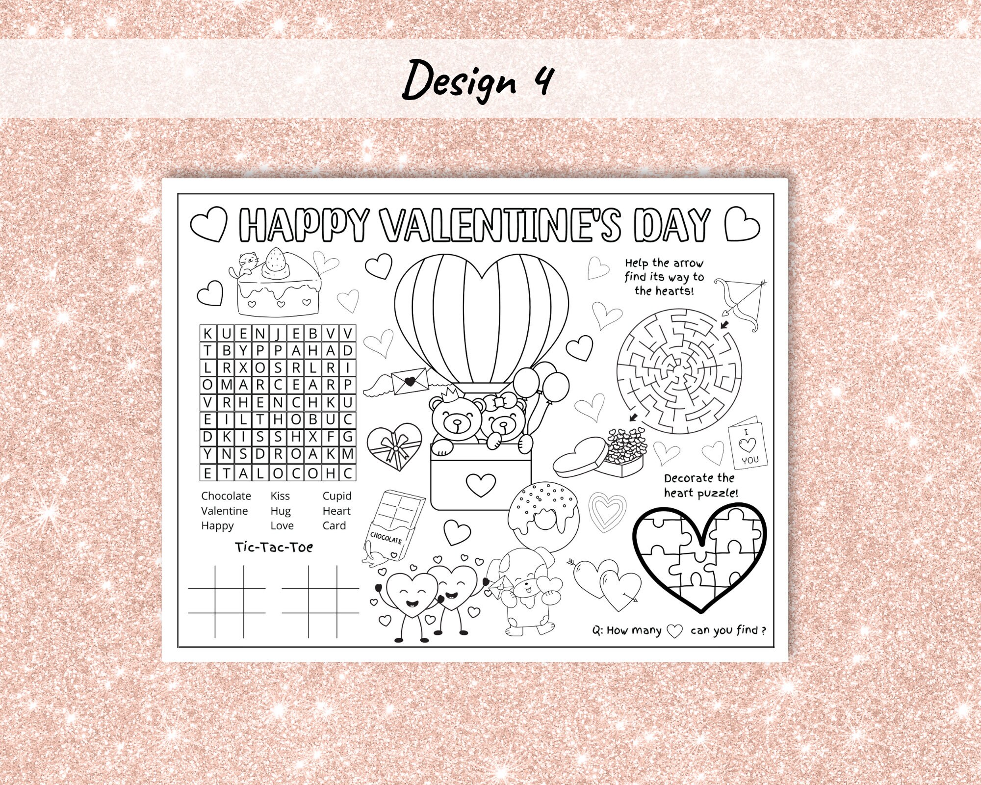 Kids Valentine Coloring Placemat Bundle Printable Valentine's Day ...