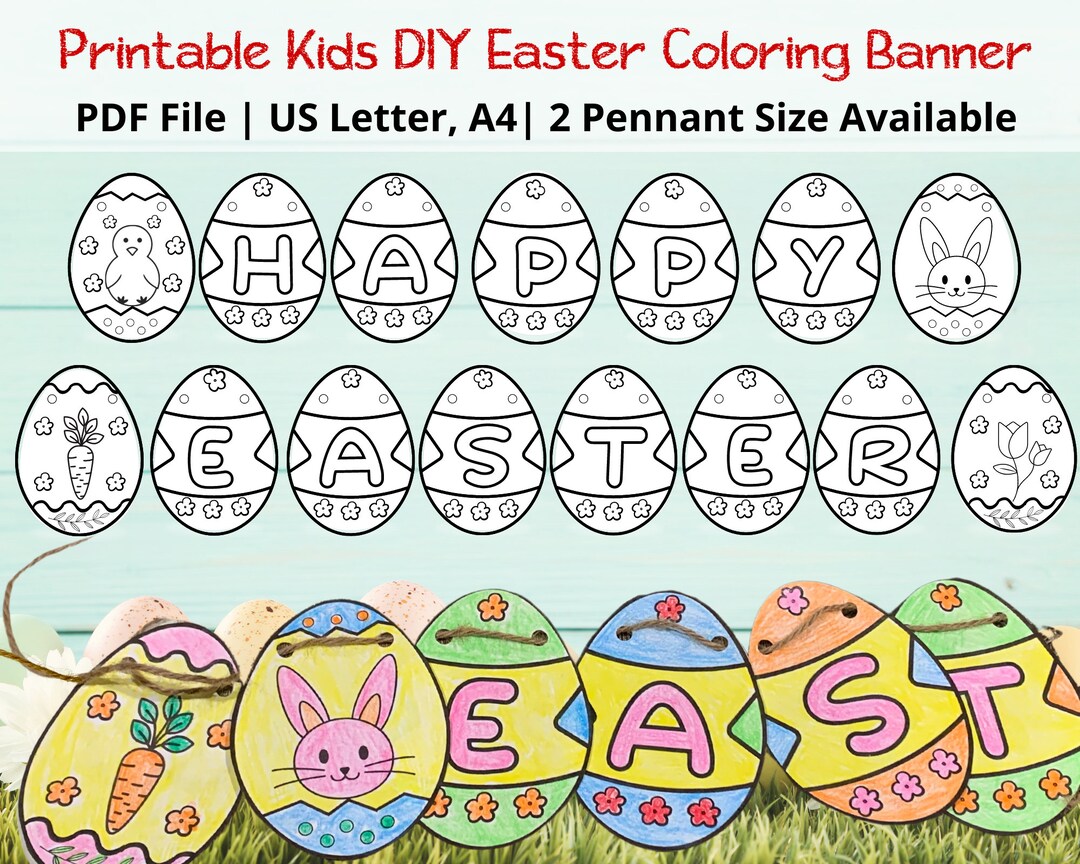 Kids Easter DIY Coloring Banner Crafts | Printable Happy Easter DIY ...