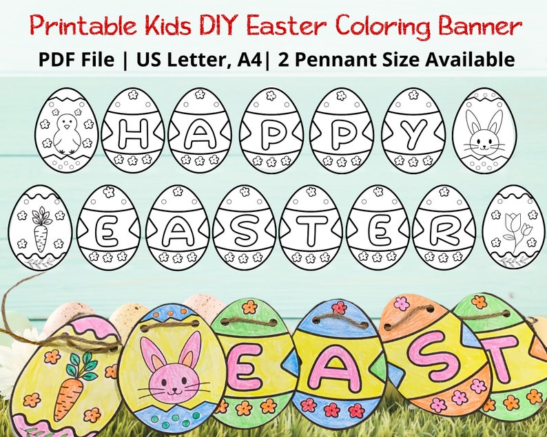 Kids Easter DIY Coloring Banner Crafts | Printable Happy Easter DIY ...