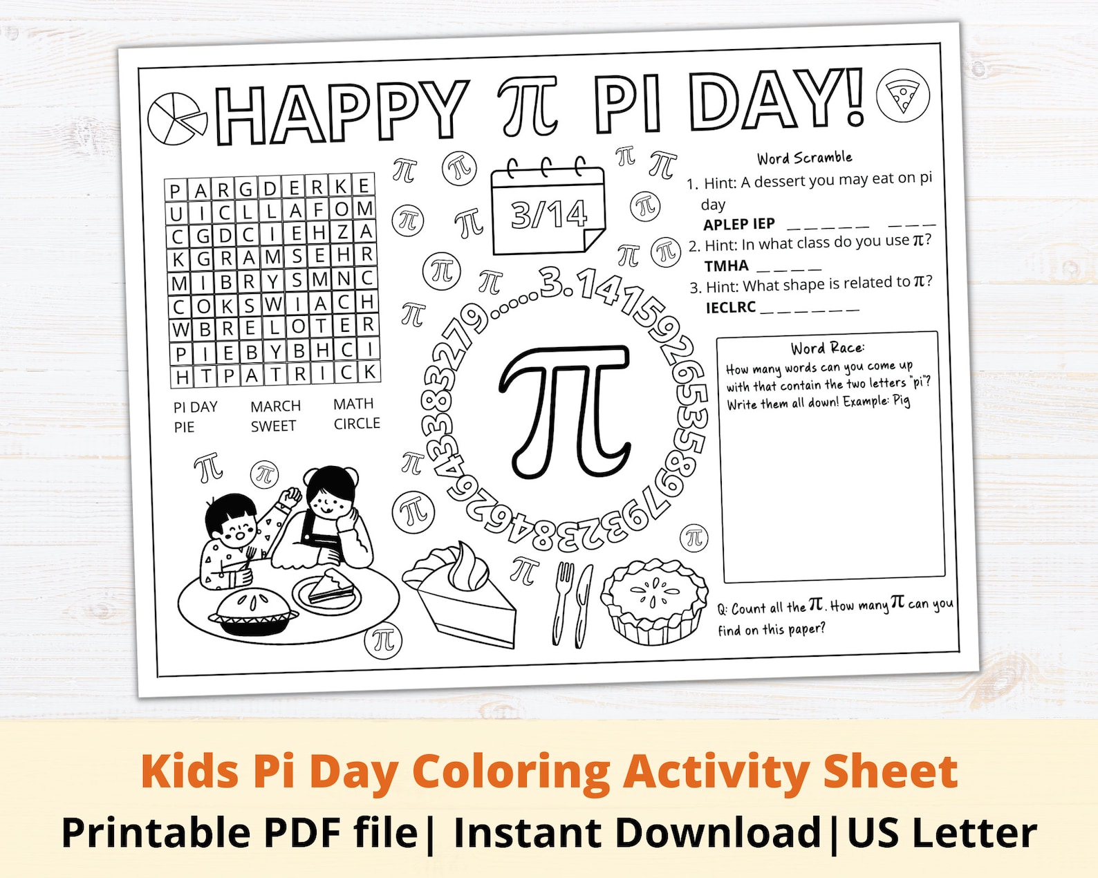 Printable Kids Pi Day Coloring Activity Sheet | Kids Pi Day Worksheet ...
