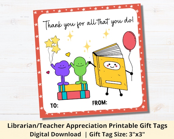 Printable Librarian Teacher Appreciation Gift Tags Teacher | Etsy