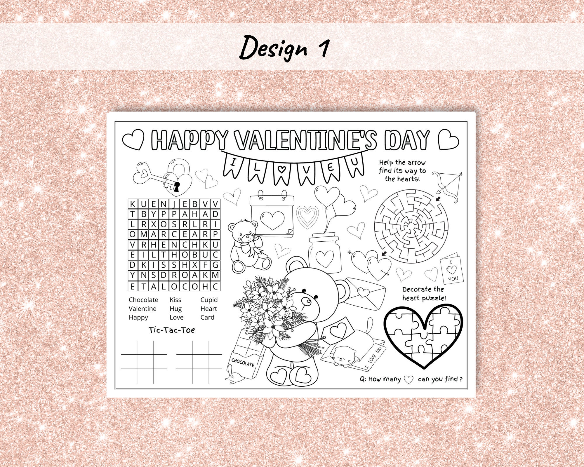 Kids Valentine Coloring Placemat Bundle Printable Valentine's Day ...